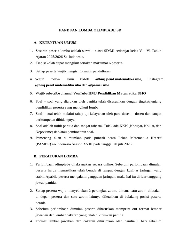 Panduan Lomba Olimpiade SD 2025 | PDF