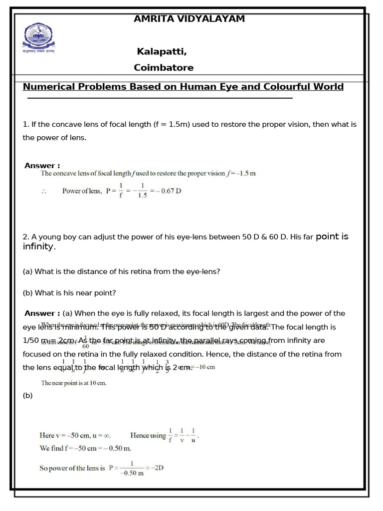 CL - X Numericals - Human Eye | PDF | Light | Senses