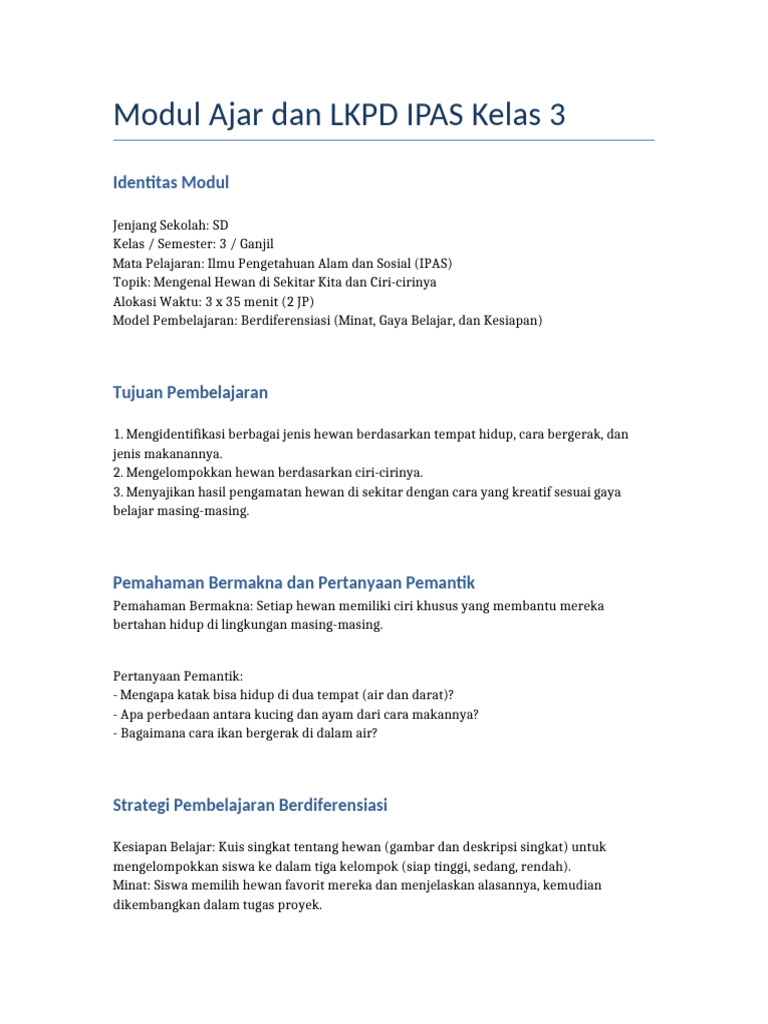 Modul Ajar Dan LKPD IPAS Kelas 3 Hewan | PDF