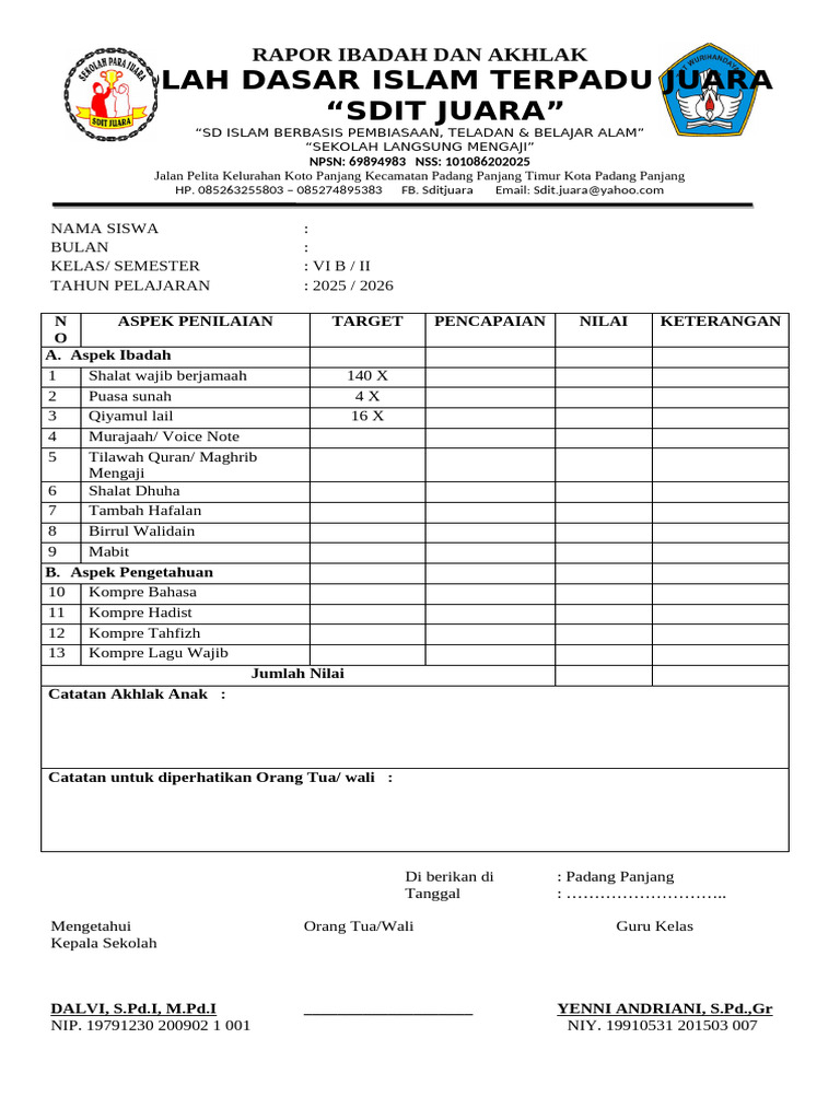 Rapor Ibadah Dan Akhlak Ikhwan | PDF