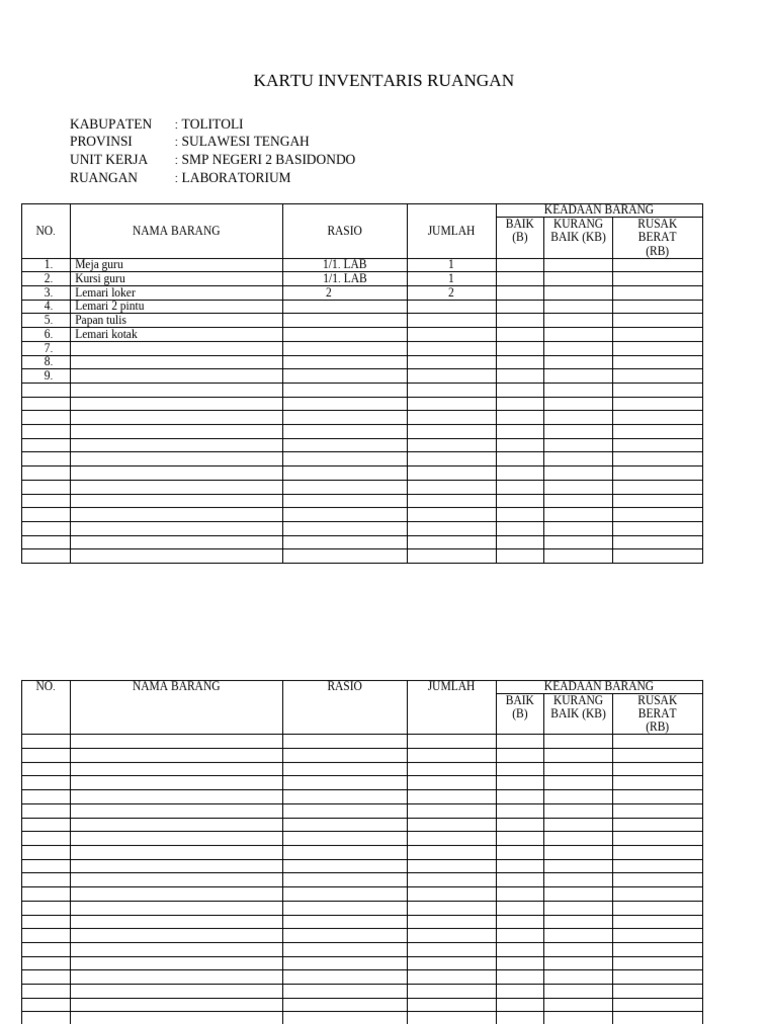 Kartu Inventaris Ruangan Laboratorium | PDF