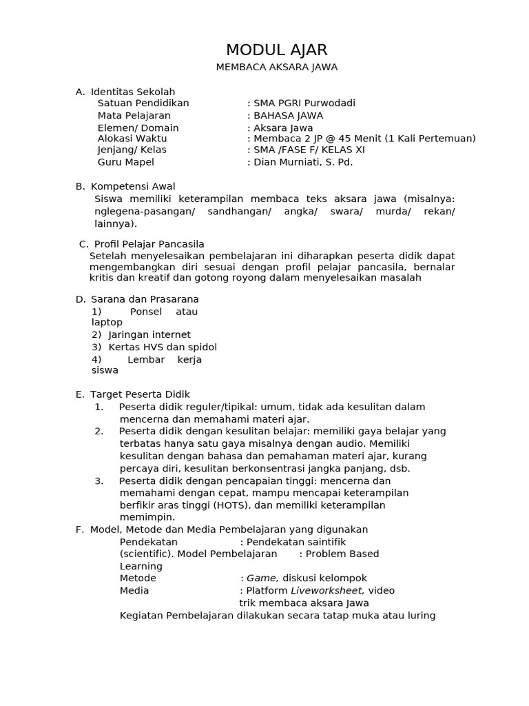Modul Ajar Bahasa Jawa Kelas Xi | PDF