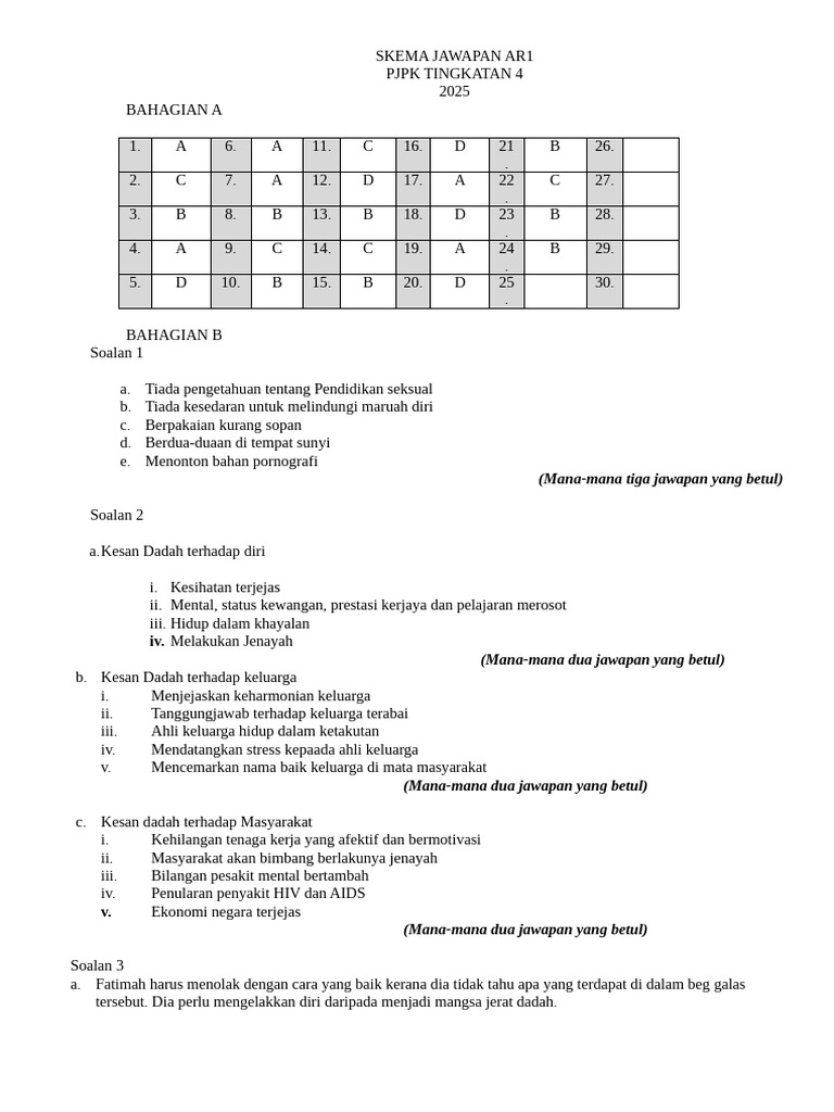 Skema Jawapan Ar1 PJPK t4 | PDF