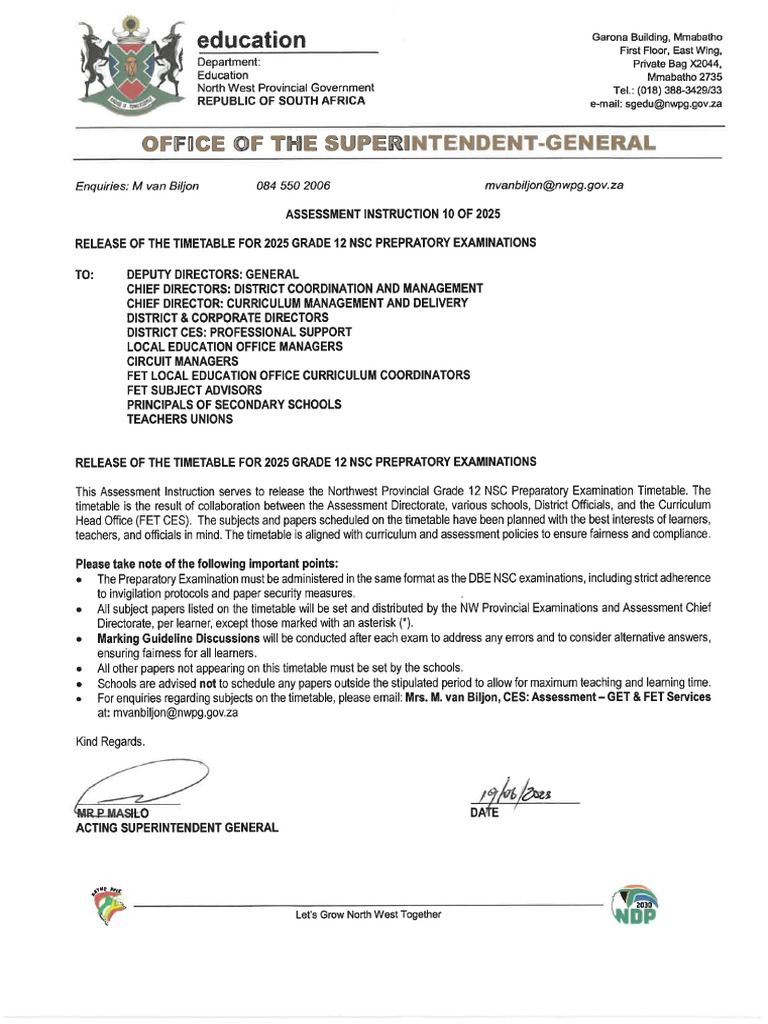 Assessment Instruction 10 of 2025 - Release of The Timetable For 2025 ...