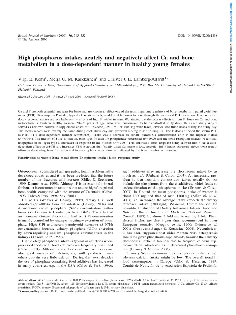High Phosphorus Intake Effects on Bone | PDF | Calcium | Dose ...