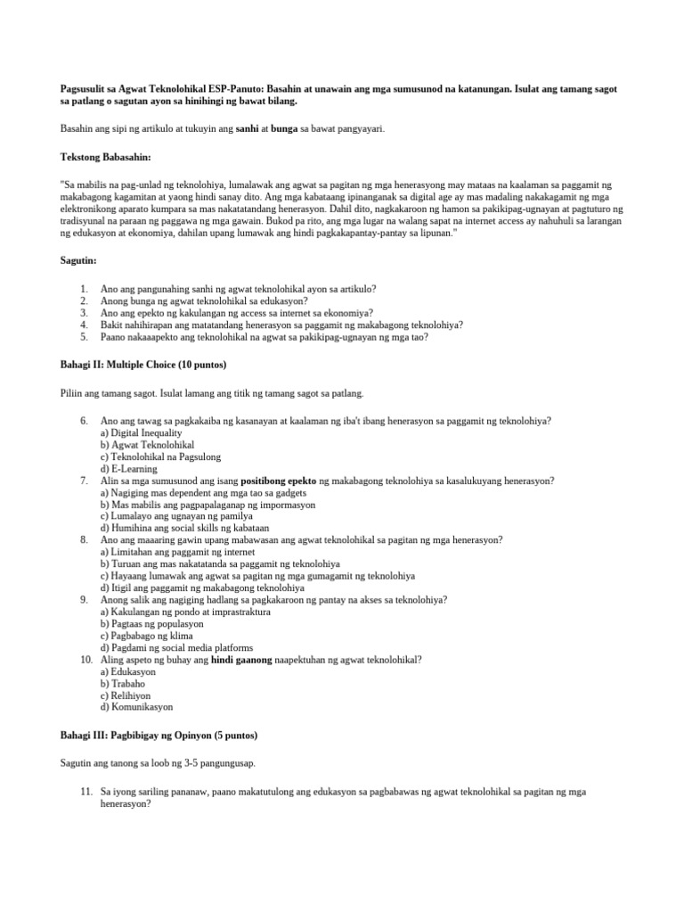 Pagsusulit Sa Agwat Teknolohikal ESP | PDF