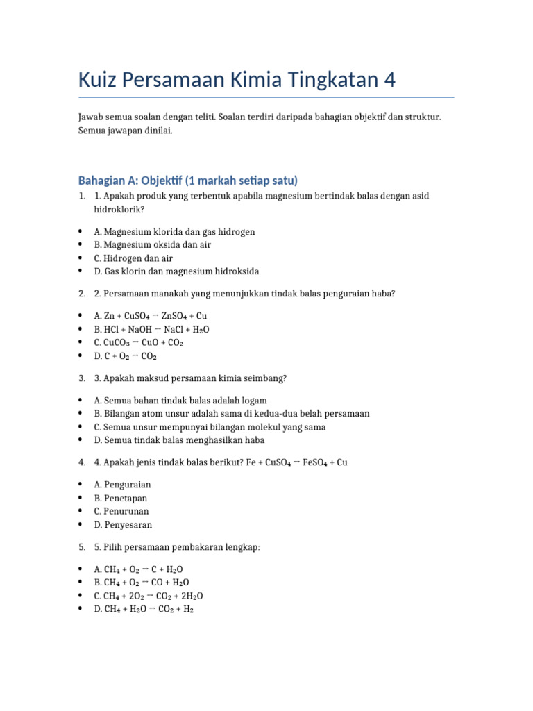 Kuiz Kimia Tingkatan 4: Persamaan Kimia | PDF