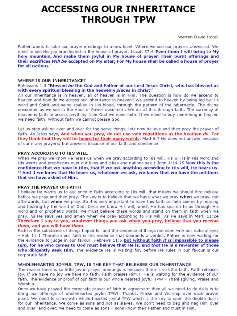Accessing Our Inheritance Through TPW For Prisons by Warren D Horak ...