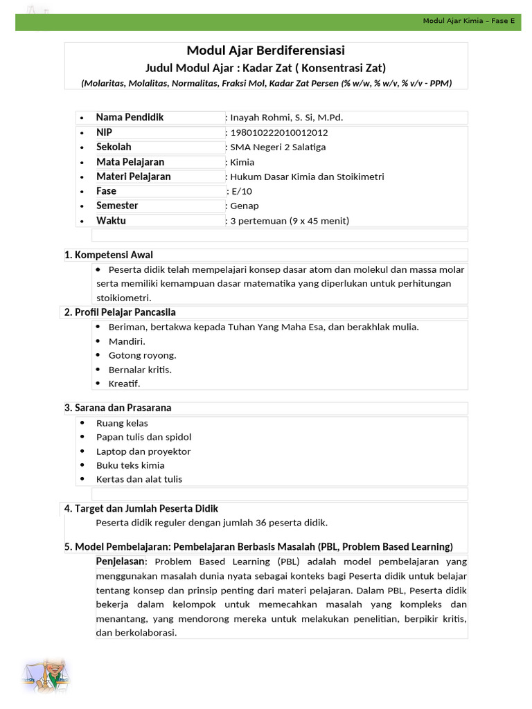 12 - Modul Ajar Kimia Kadar Zat | PDF