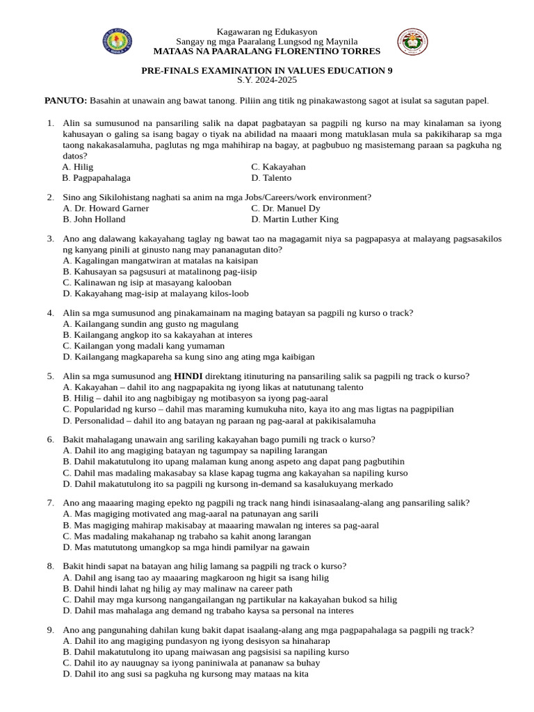 VE 9 - Q4 PRE FINALS EXAM - With Answer Key and Signatories | PDF
