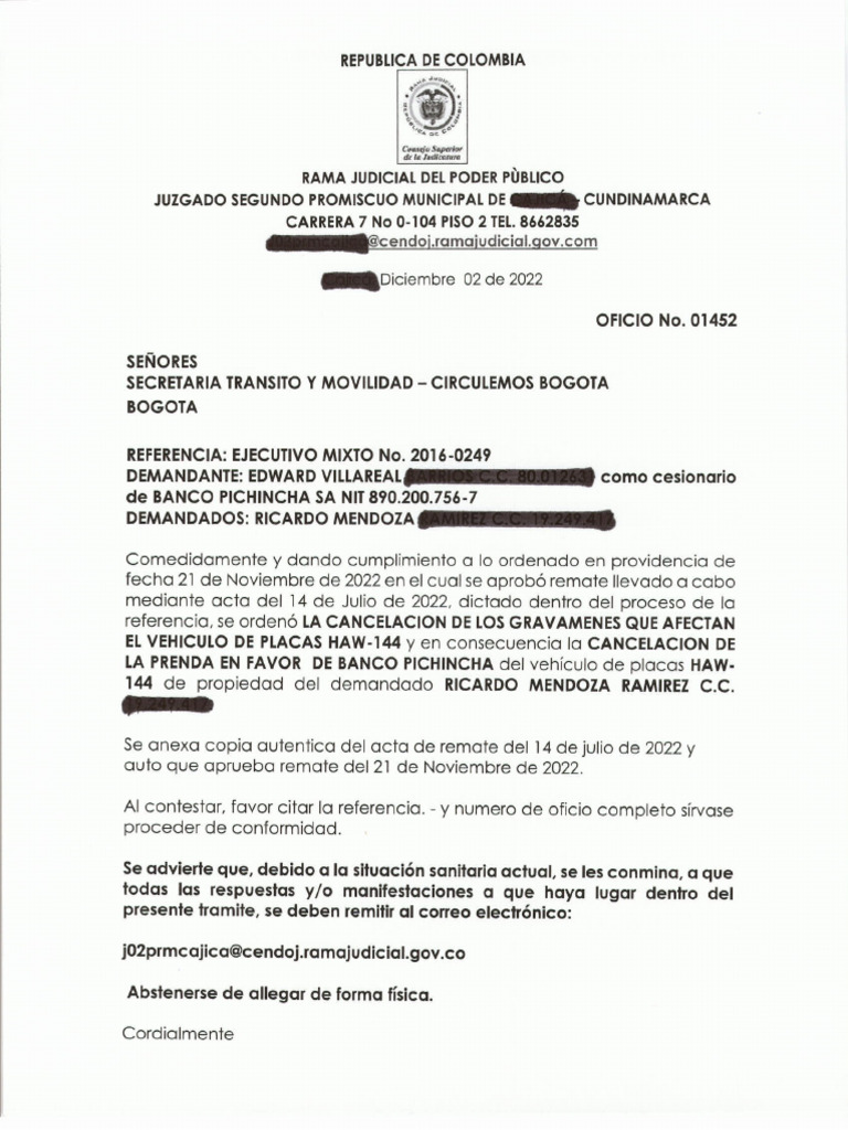 Oficio Dirigido A La Secretaria de Transito | PDF
