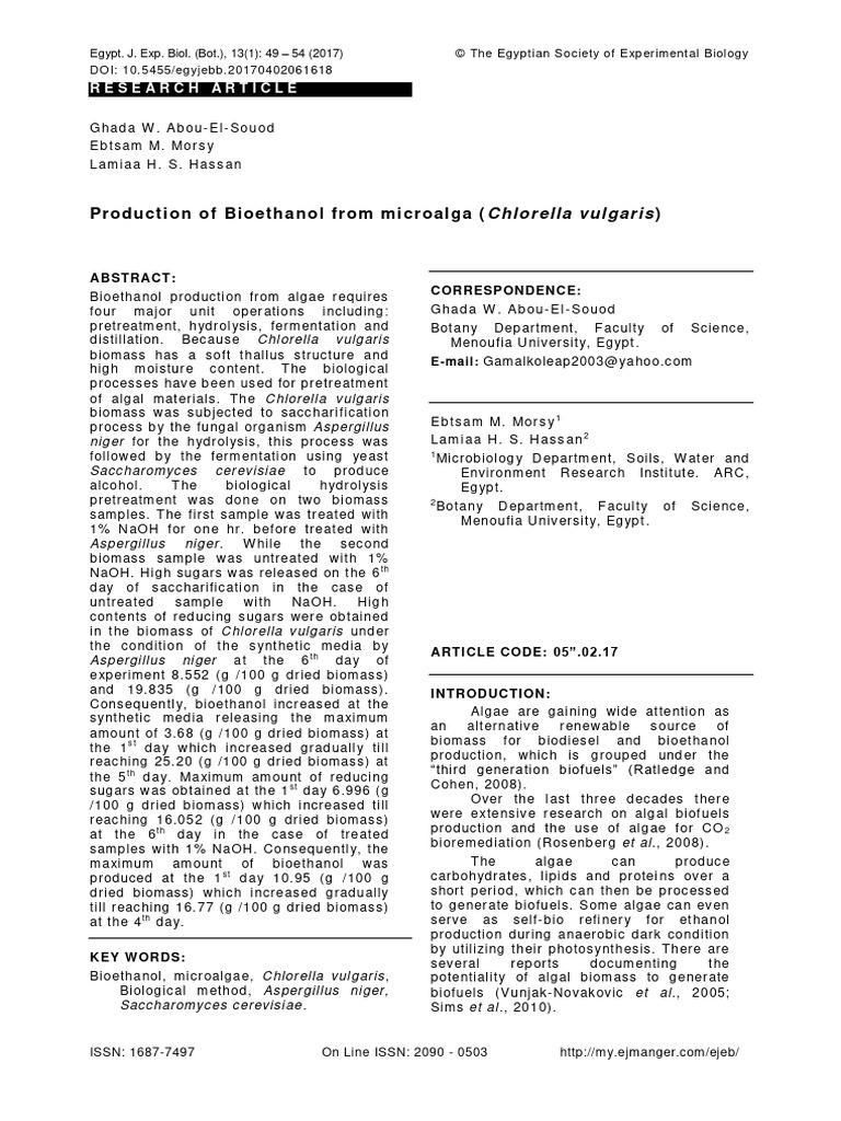 Production of Bioethanol From Microalga | PDF | Renewable Fuels | Chemistry