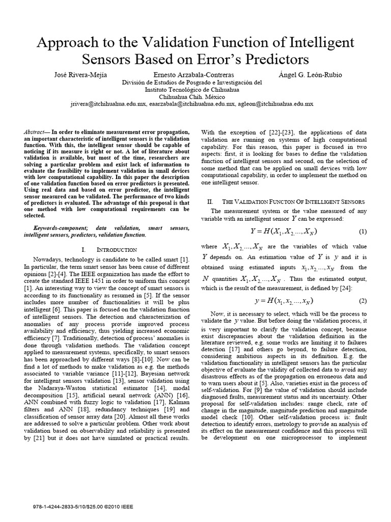 Approach To The Validation Function of Intelligent Sensors Based On Error's Predictors. | PDF ...