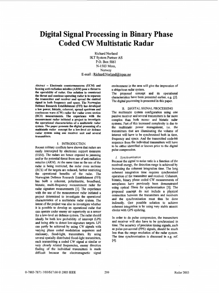 Digital Signal Processing in Binary Phase Coded CW Multistatic Radar ...