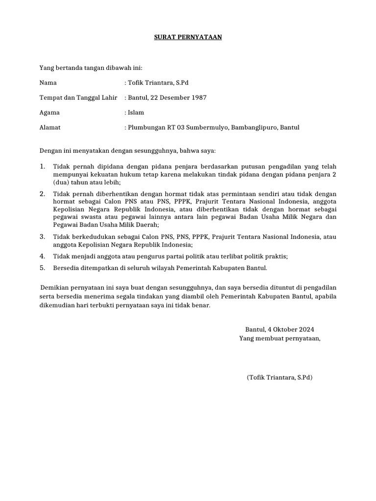 Surat Pernyataan Tofik Triantara | PDF