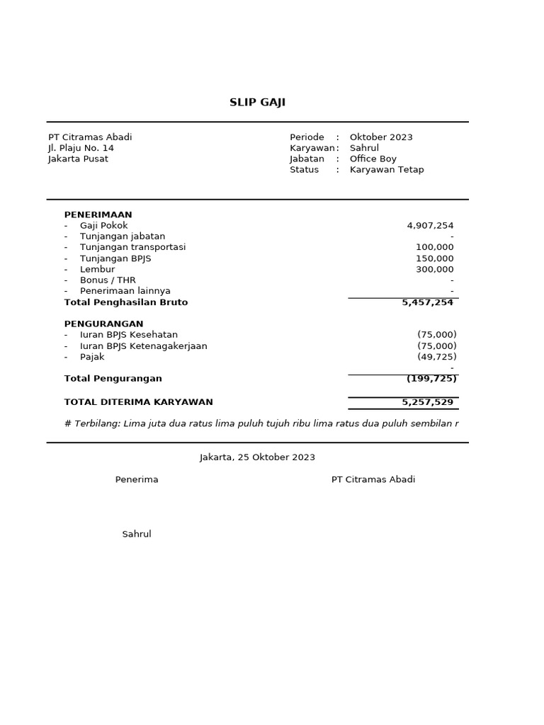 Contoh Slip Gaji Karyawan Tetap | PDF