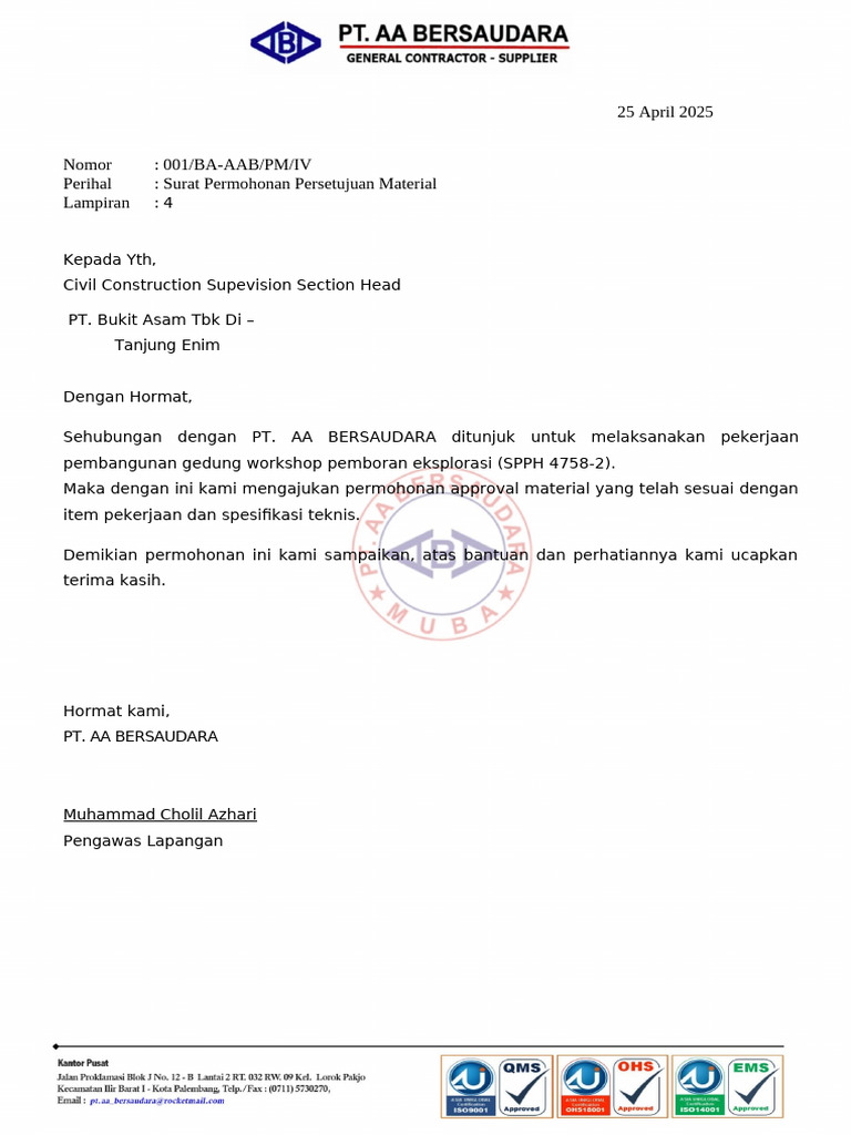 Permohonan Persetujuan Material Proyek | PDF