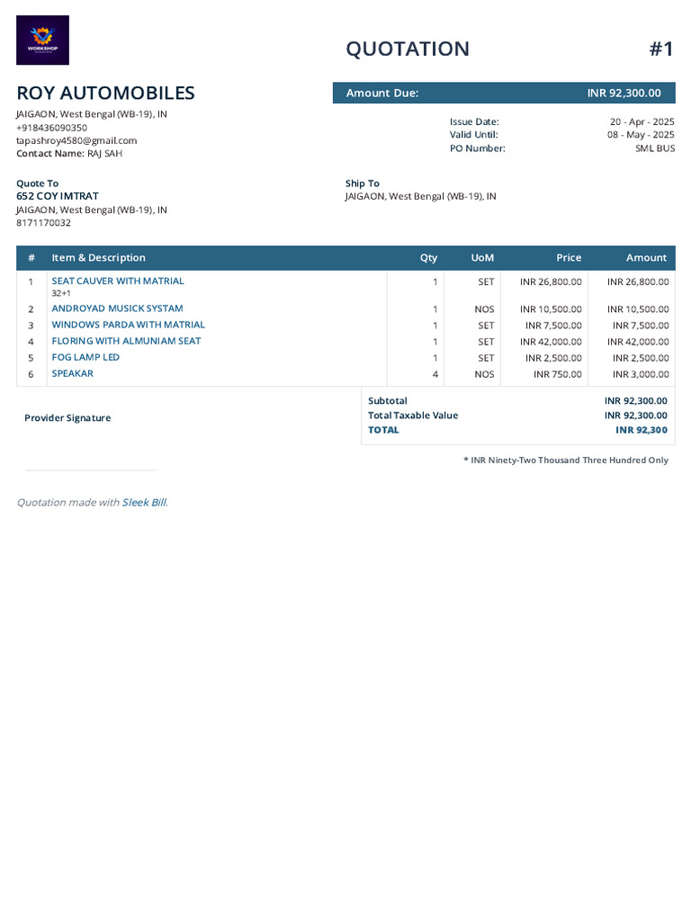 Preview Quotation 1 - Sleek Bill TAPAS | PDF