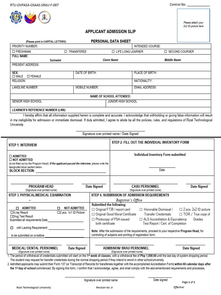 Rtu Ovpasa Osaas Srau f007 Applicant Admission Slip (Undergrad) | PDF