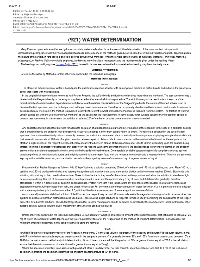 Usp 921 Water Determination | PDF | Titration | Chemistry
