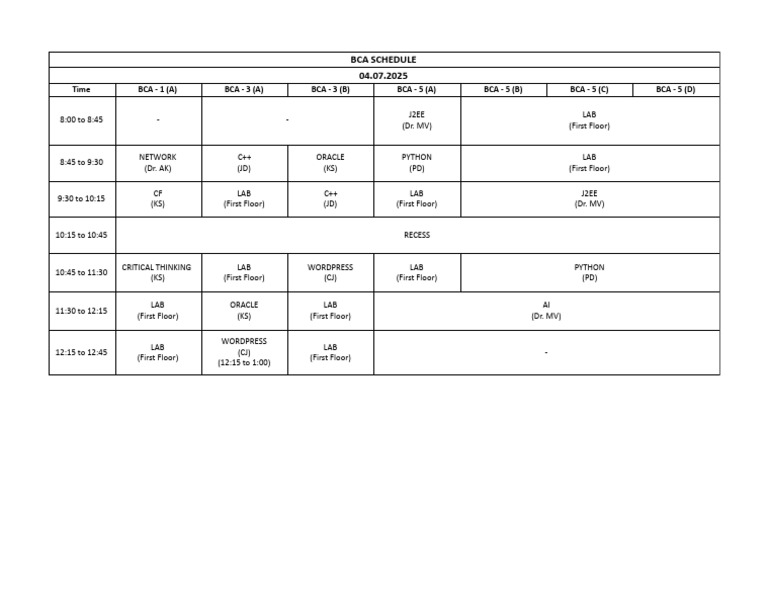 BCA Class Schedule for April 2025 | PDF