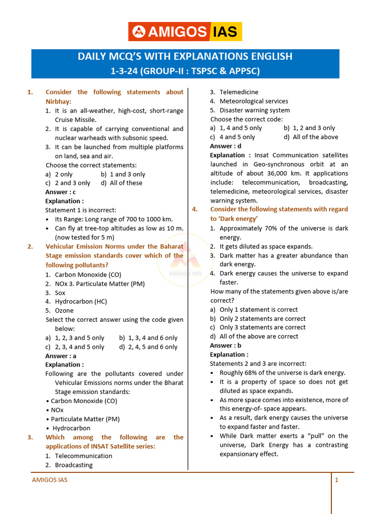 Group 2 Daily Mcqs With Explanations Tspsc&Appsc 1-3-24 English | PDF ...