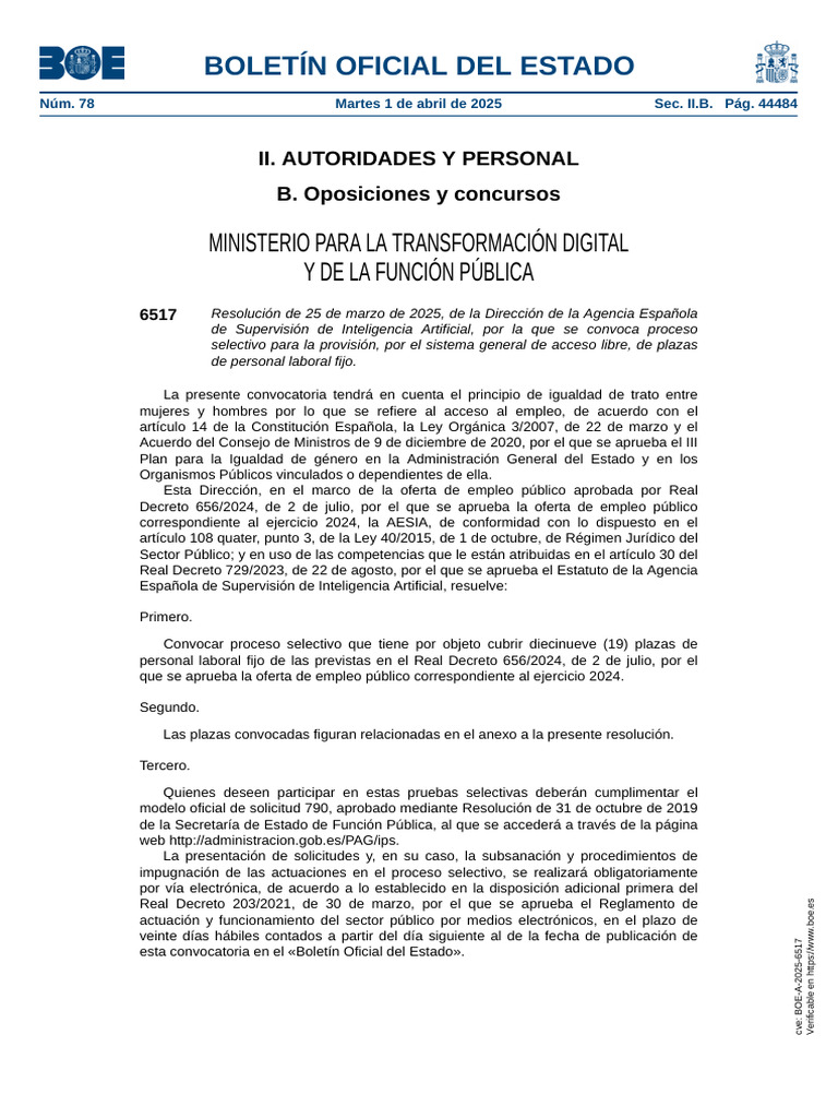 Convocatoria de plazas en AESIA 2025 | PDF | España | Gobierno