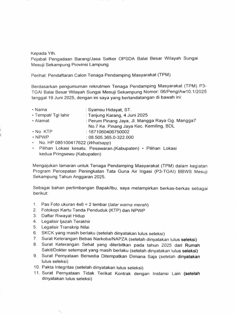Surat Lamaran TPM 2025 | PDF