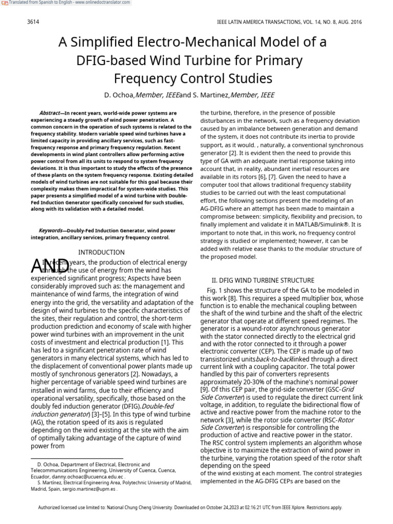 A Simplified Electro-Mechanical Model of A DFIG-based Wind Turbine For Primary Frequency Control ...