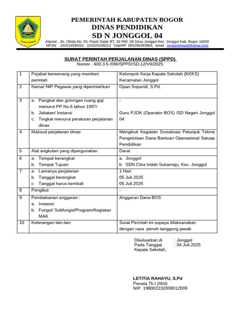 Surat Perintah Perjalanan Dinas (SPPD) 2025-2026 - Opan Sopandi | PDF