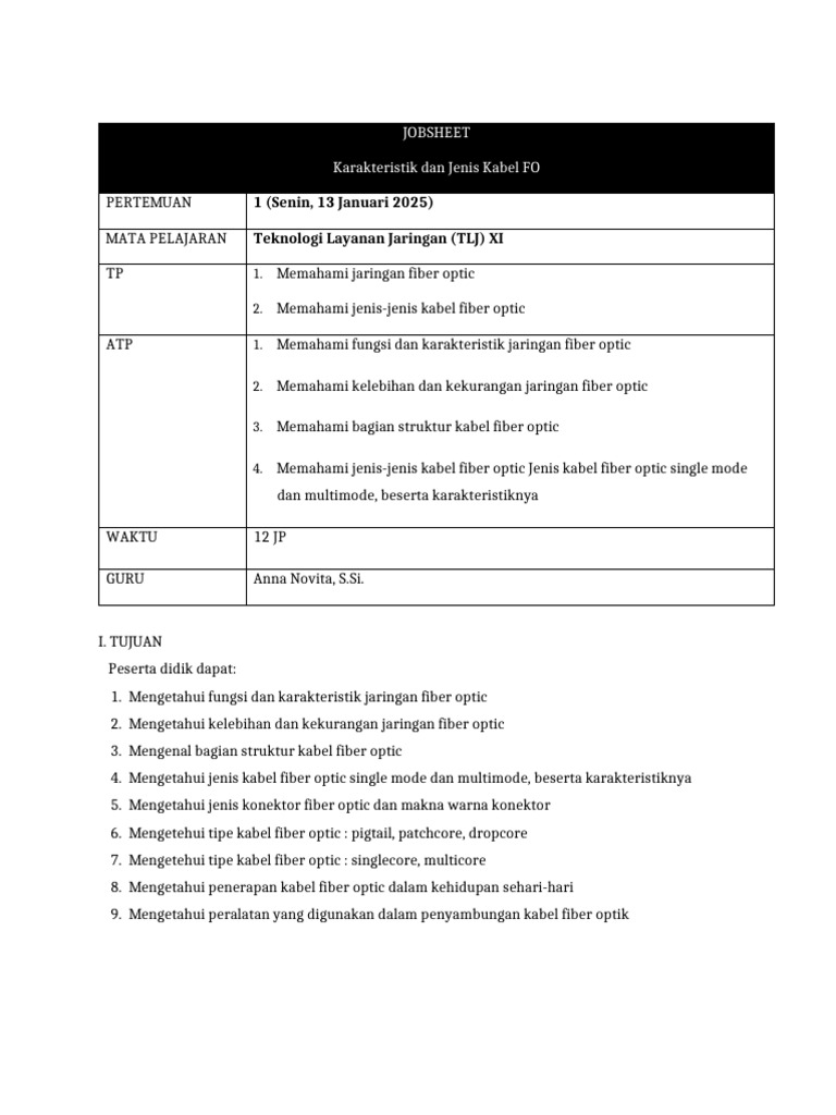 JOBSHEET PENYAMBUNGAN KABEL FO - Pertemuan Ke 1 | PDF