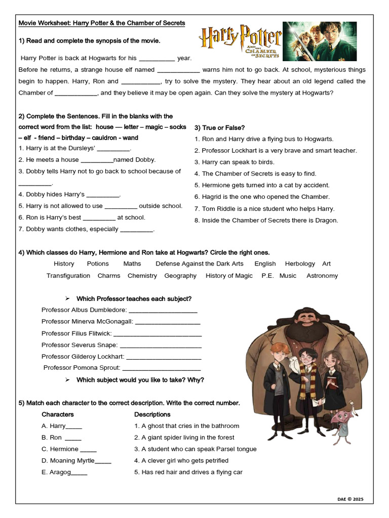 Harry Potter Chamber of Secrets Movie Worksheet A1 2025 | PDF | Harry ...