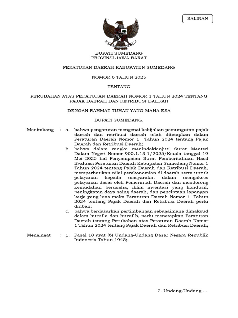 PERDA NO 6 TAHUN 2025 Tentang Perubahan Perda No 1 Tahun 2024 Tentang PDRD | PDF
