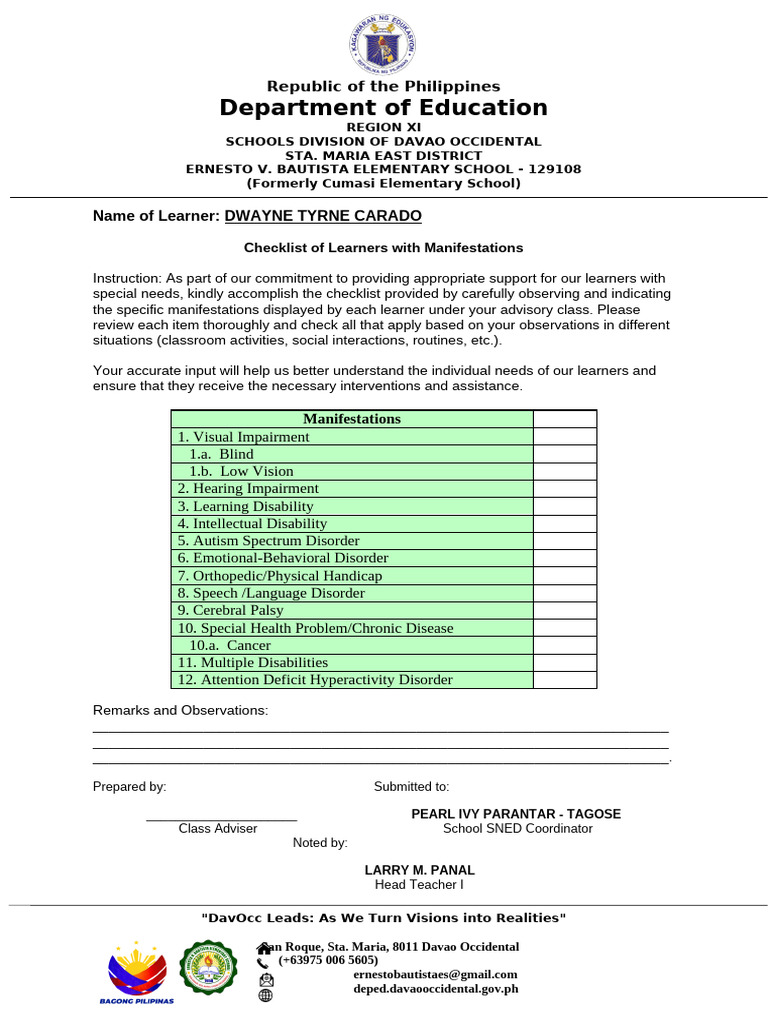Special Needs Learner Checklist | PDF | Visual Impairment | Disability