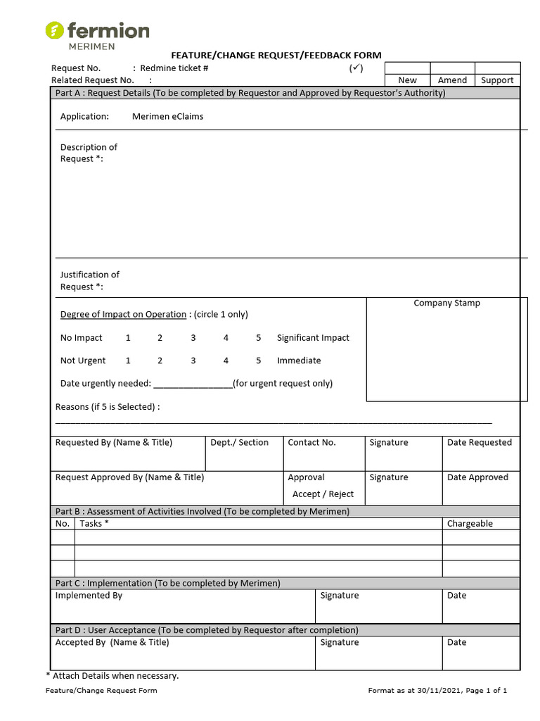 MERIMEN Change Request Form Eclaim 2022 | PDF