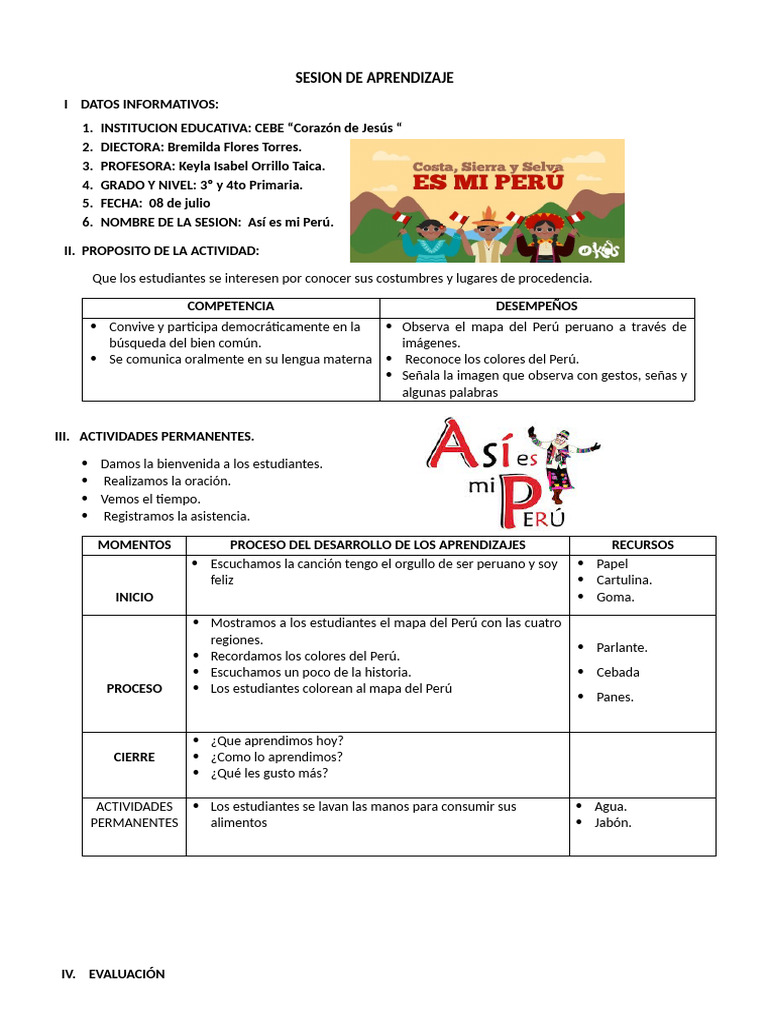 Sesiones de Aprendizaje sobre Perú | PDF | Perú
