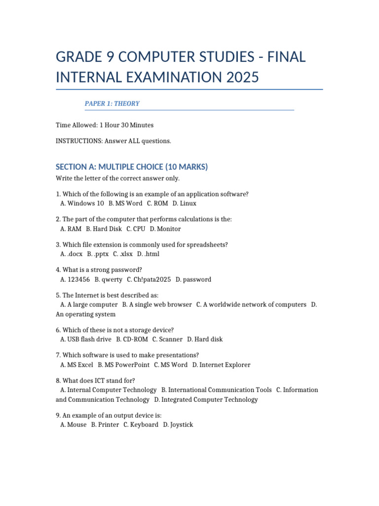 2025 Grade9 ComputerStudies Paper1 | PDF | Microsoft Word | Input/Output