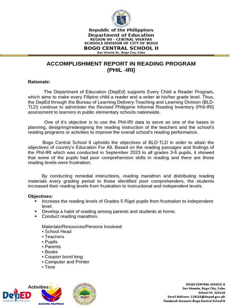 Bogo Central School II Reading Program Report | PDF | Cognition | Learning