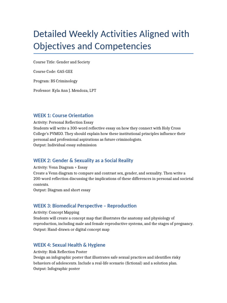 Weekly Activities for Gender and Society Course | PDF | Gender Studies ...