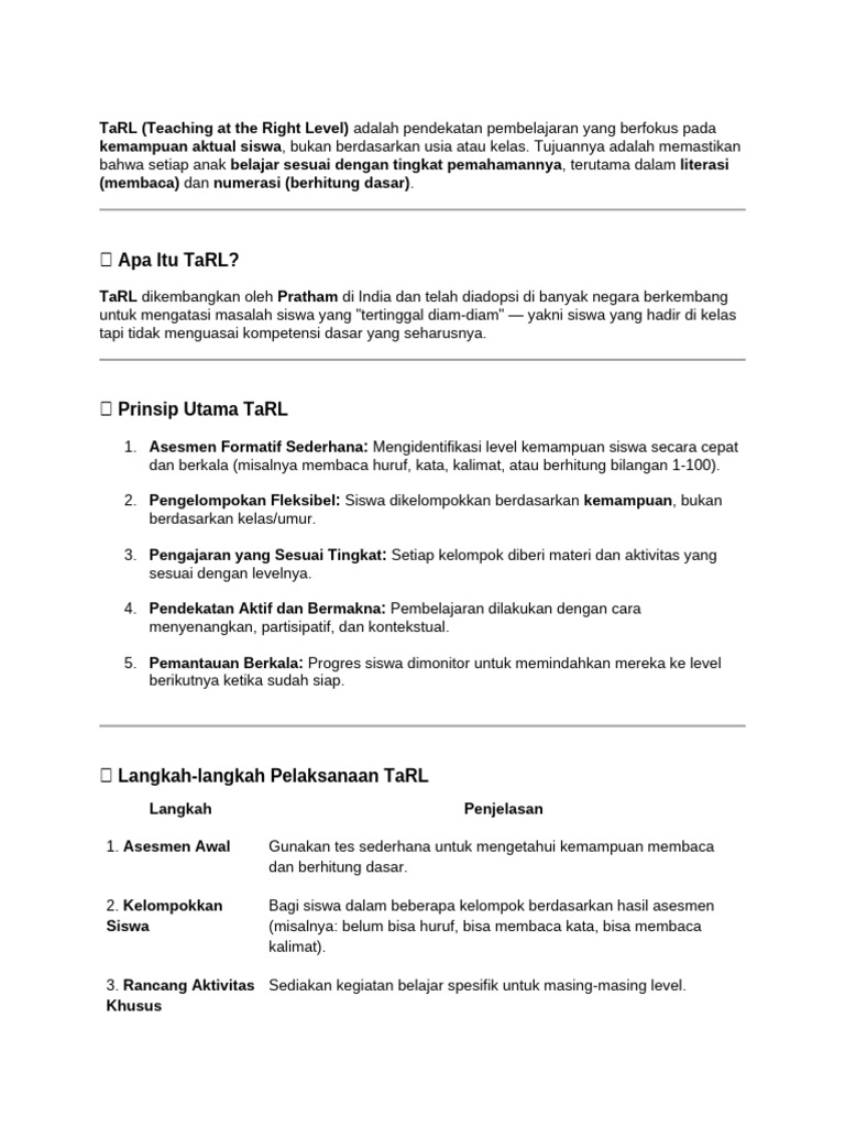 Memahami Pendekatan TaRL dalam Pembelajaran | PDF