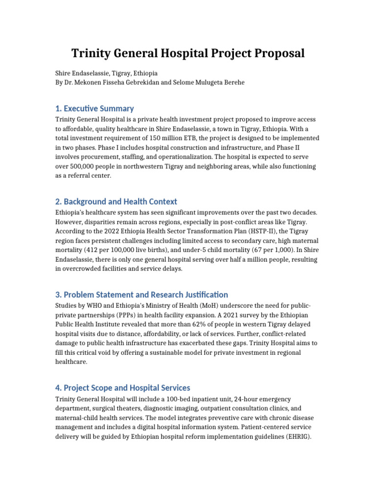 Trinity General Hospital Proposal Tigray | PDF | Hospital | Health Care