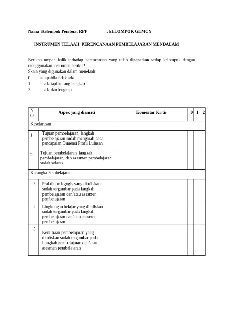 Telaah RPP Pembelajaran Mendalam | PDF