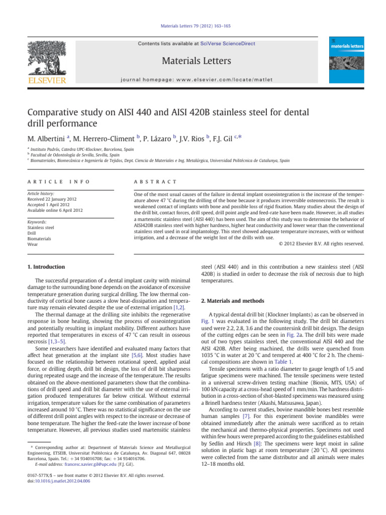 AISI 420B vs AISI 440 in Dental Drills | PDF | Drilling | Stainless Steel