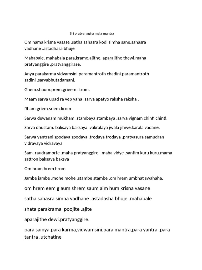 Sri Pratyanggira Mala Mantra | PDF