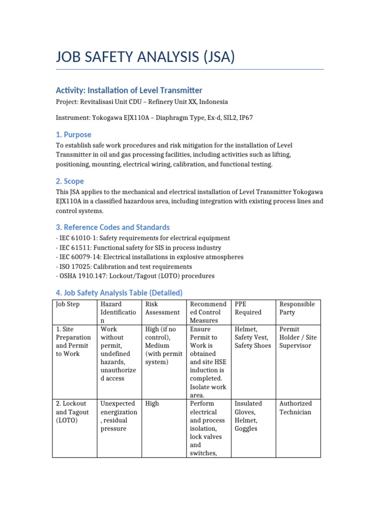 JSA Level Transmitter Installation Numbered Sections | PDF ...