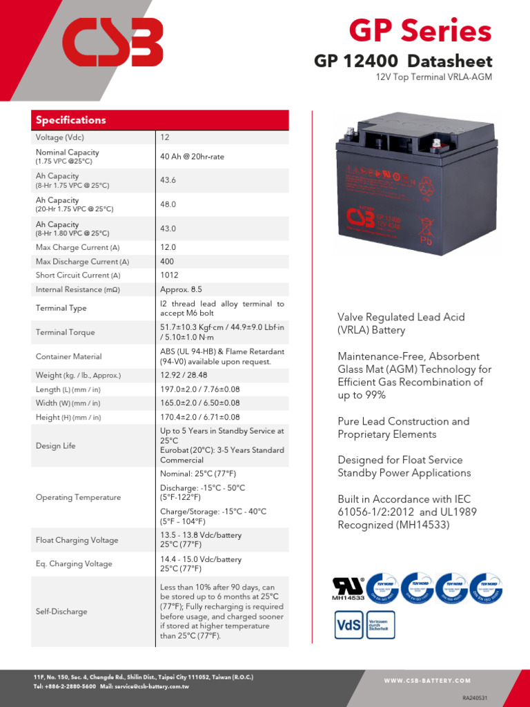 CSB Datasheet GP12400 - 053124 | PDF | Galvanic Cells | Electrical Engineering