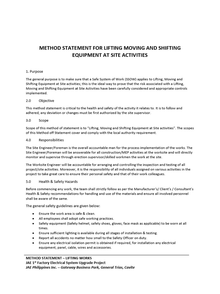 Method Statement For Lifting Moving and Shifting Equipment at Site ...