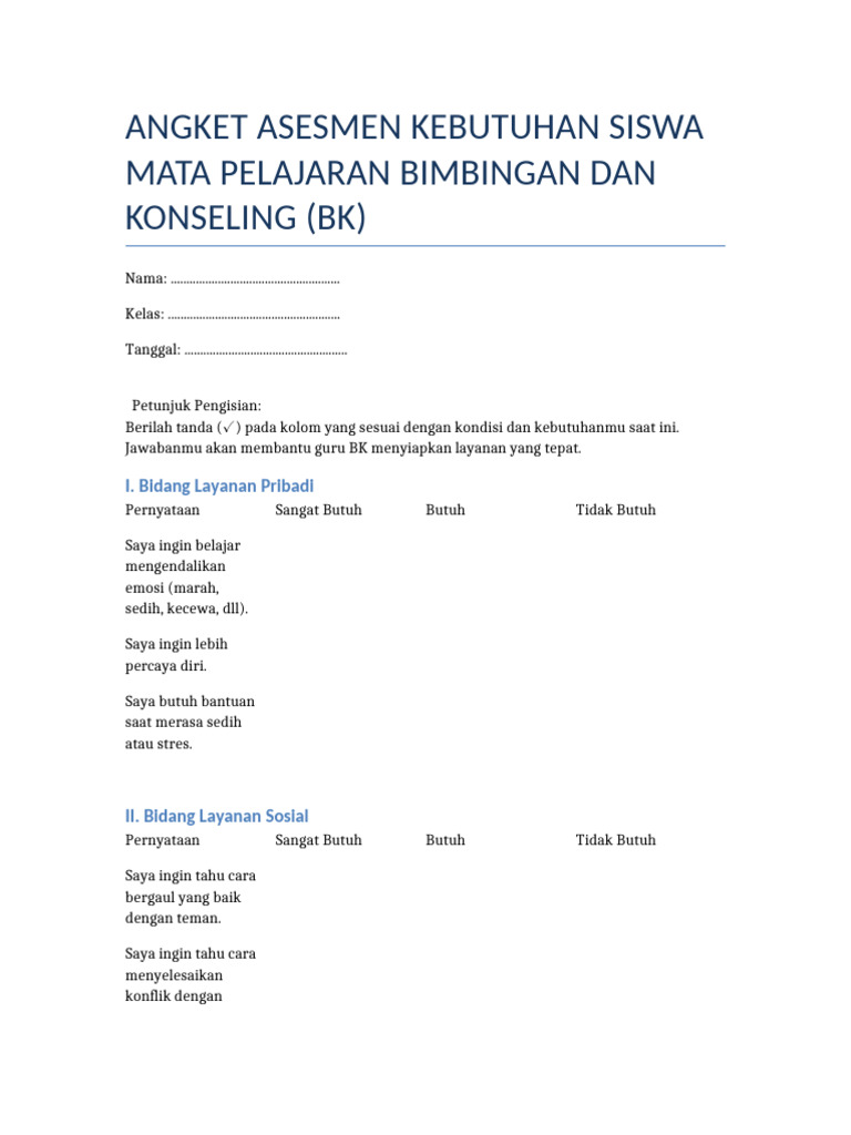 Angket Asesmen Kebutuhan BK Siswa | PDF
