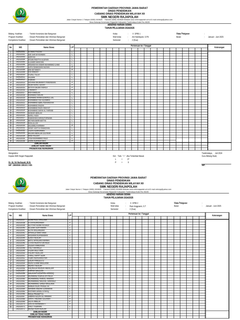 Absensi Kelas X Dpib Semester Ganjil Ta 2024-2025 | PDF
