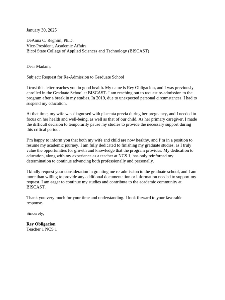 Re Admission Letter | PDF